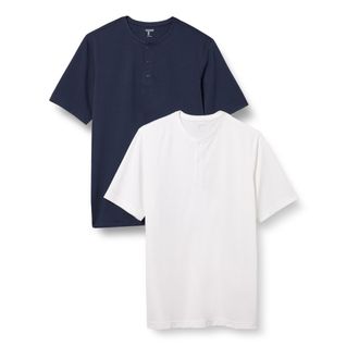 Amazon Essentials Herren Kurzärmliges Henley-Hemd Aus Schnelltrocknendem Jersey, Normale Passform, 2er-Pack, Dunkles Marineblau/Weiß, XL