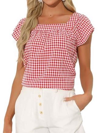 Allegra K Hauts &agrave; Carreaux Femme T-Shirts &agrave; Col Carr&eacute; d&Eacute;t&eacute; Chemisiers Manches Courts D&eacute;contract&eacute;s Rouge XXL