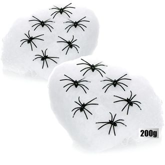 Com-Four 14-teiliges Deko-Set für Halloween - 200g dehnbares Spinnennetz mit 12 schwarzen Spinnen - gruseliges weißes Spinnengewebe als Dekoration für Hallowee