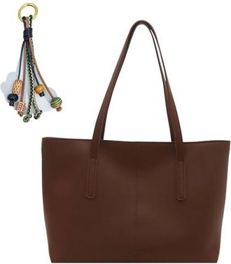 Generic Grand sac fourre-tout vintage pour femme, sac &agrave; bandouli&egrave;re en cuir v&eacute;g&eacute;talien, sac &agrave; main l&eacute;ger et d&eacute;contract&eacute; avec pendentif chic pour l&eacute;cole, le tr