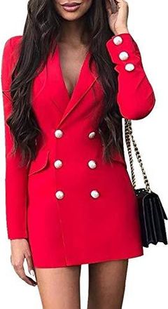 Minetom Femmes Robe Moulante Sexy Slim Fit Mini Robe Double Boutonnage Blazer Robes de Soirée Chic Manches Longues OL Bureau Manteau Veste Z4 Rouge 34