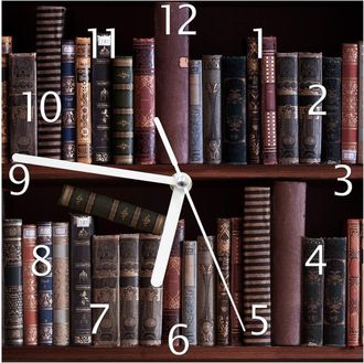 Wallario Design-Wanduhr Bücherregal mit Alten Büchern aus Glas, Motiv-Uhr Größe 20 x 20 cm, weiße Zeiger