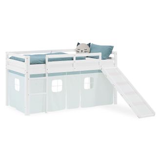 Homestyle4u Kinderbett Hochbett 90x200 mit Rutsche Wei&szlig; Kiefer Massivholz mit Mintgr&uuml;n Vorhang Etagenbett Jugendbett Kinderzimmer | Arikel 2932