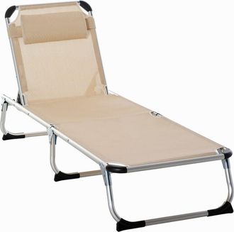 OUTSUNNY Bain de soleil transat pliable grand confort dossier r&eacute;glable multi-position t&eacute;ti&egrave;re alu. textil&egrave;ne beige