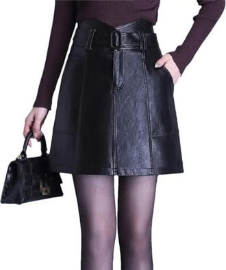 Generic Jupe crayon en cuir véritable pour femme - Longueur mi-longue - Taille haute - Pour bureau, Noir, 36