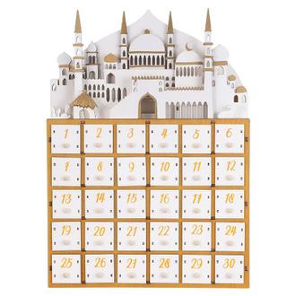 Cabilock Holz Ramadan Adventskalender mit LED Licht Tage Kleine Schubladen Kompakte Tischdekoration Islamisches Fest Eid Party Countdown Kalender Platzsparend 