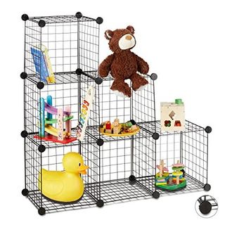 Relaxdays &Eacute;tag&egrave;re grille treillis, 6 compartiments, DIY, M&eacute;tal, Meuble rangement ouvert, 30 x 30 cm, noir, plastique, 96 x 96 x 32 cm