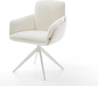 DELIFE Drehstuhl Luan-Flex mit Armlehnen Boucl&eacute; Soft Beige Kreuzgestell breit Wei&szlig; 360&deg; drehbar Wippfunktion, Esszimmerst&uuml;hle