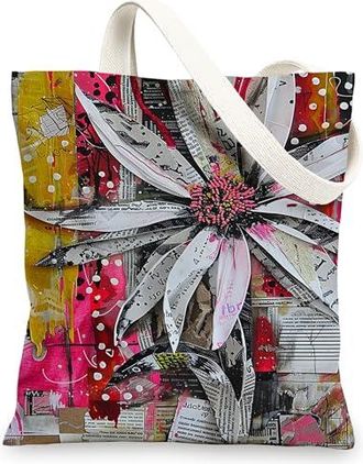 Generic Sacs fourre-tout en toile artistique, sacs à provisions réutilisables motif floral coloré, moderne, chic, léger, lavable, bandoulière T, coloré, 13x15