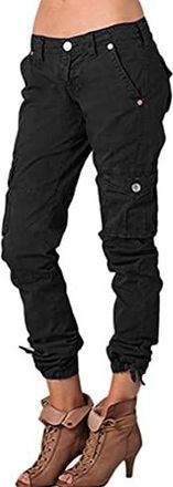 ORANDESIGNE Pantalon Femme Cargo Fuselé Slim Fit Crayon Chic Pantalon avec Multi Poche Carotte Casual Boyfriend Pantalon de Loisirs Cargo Pants A Noir L