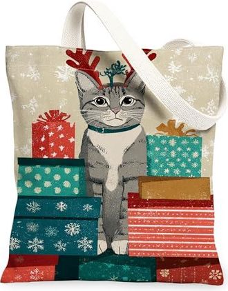 Generic Sac fourre-tout en toile motif chat festif, sac de courses r&eacute;utilisable, l&eacute;ger et lavable, sac en toile pour cadeaux, voyages, courses, 33 x 38 cm