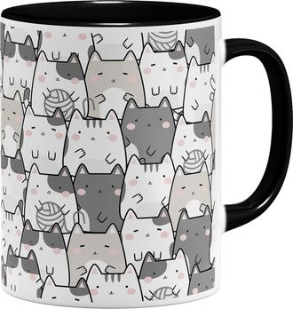 OM3 süße Kaffeetasse mit Katzen Cat Tasse mit Katzenmotiv Kawaii Katze | Keramik Becher | 11oz 325ml | Rundumdruck | Schwarz