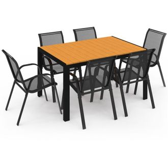 IDMarket Gartenm&ouml;bel poly Tisch 150 cm und 6 stapelbare St&uuml;hle Holz und Schwarz