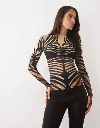 AFRM Kaylee Mesh-Oberteil mit Rundhalsausschnitt und langen &Auml;rmeln im abstrakten Animal-Print-Multi