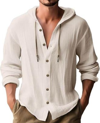 Generic Chemise d&eacute;t&eacute; &agrave; manches longues pour hommes : chemise en lin avec cordon de serrage chemise de plage avec 1/4 boutons-pression chemises d&eacute;contract&eacute;es c
