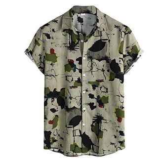 Generic Chemise en coton et lin pour homme - Haut de sport 2026 pour homme - Printemps et &eacute;t&eacute; - &Eacute;l&eacute;gant et d&eacute;contract&eacute; - Chemise imprim&eacute;e &agrave; revers - Manches c