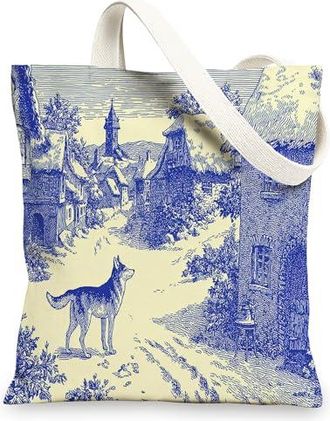 Generic Sacs fourre-tout en toile artistique, sacs dépicerie réutilisables, légers et lavables avec bandoulière, bleu, 13x15 Inch