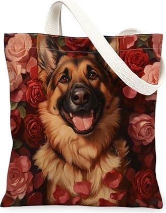 Generic Sac fourre-tout r&eacute;utilisable en toile pour la Saint-Valentin, motif berger allemand, 33 x 38,1 cm, sac d&eacute;picerie r&eacute;utilisable pour femme, peinture est