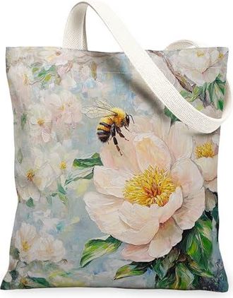 Generic Sac fourre-tout en toile de pivoine printani&egrave;re pour le shopping, 33 x 38 cm, motif for&ecirc;t, fleurs, abeilles, sac d&eacute;picerie r&eacute;utilisable pour femme, pe