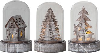 Eglo LED Weihnachtsdeko, 3er-Set Deko-Glasglocken, Winterlandschaft batteriebetrieben mit Licht, Tischdeko Weihnachten aus rustikalem Holz und Glas, warmwe