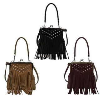 Generic Sac &agrave; bandouli&egrave;re en polyur&eacute;thane avec rivets et pompons pour femme Noir