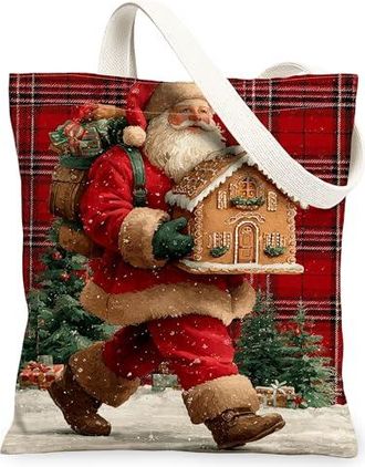 Generic Sacs fourre-tout festifs en toile, motif P&egrave;re No&euml;l, sacs de courses r&eacute;utilisables, confortables, l&eacute;gers et lavables pour cadeaux, voyage, plage, 33 x 