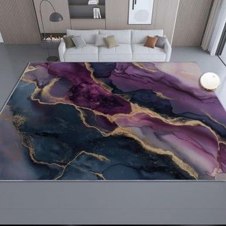 Generic Tapis de Salon Lavable - Antid&eacute;rapant &agrave; Poils Courts Doux Chambre Poil Ras Tapis Abstrait Tendance Marbre, Violet Fonc&eacute; pour Salle &agrave; Manger Chambre de