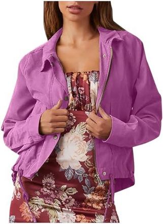 Generic Vestes pour femmes 2026 Veste europ&eacute;enne et dautomne &middot; Manteau l&eacute;ger &agrave; manches longues en velours style moto bouton, rose vif, XXL