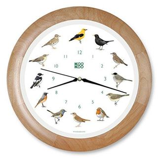KooKoo Singv&ouml;gel Quarzwerk Holz, Die Singende Vogeluhr, runde Wanduhr mit nat&uuml;rlichen Vogelstimmen