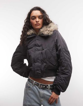 Weekday bomber court &agrave; capuche zipp&eacute;e en fausse fourrure gris fonc&eacute;