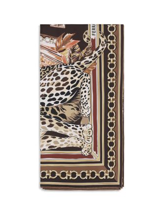 Ferragamo Womens Silk Scarf Leopard Print Brown Patterned Light-Pastel Light/pastel Scarfs
