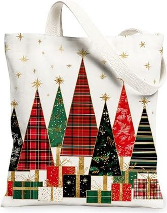 Generic Sacs fourre-tout en toile motif arbre de No&euml;l, sacs d&eacute;picerie r&eacute;utilisables, vintage l&eacute;gers et lavables avec bandouli&egrave;re F, blanc, 13x15 Inch