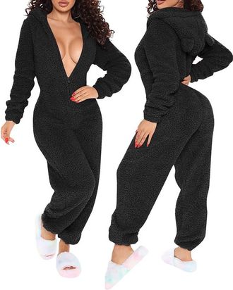 Minetom Damen Jumpsuit Fleece Schlafanzug Einteiler Winter Warm Kuschelig Onesie Lang Schlafoverall Pyjama Arsch Ausschnitt Flauschig Hausanzug Mit Kapuze & R