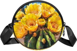 Generic Petit sac &agrave; bandouli&egrave;re rond pour femme, motif fleurs de cactus avec fermeture &eacute;clair, bretelles r&eacute;glables, sac &agrave; main rond d&eacute;contract&eacute; pour femmes et