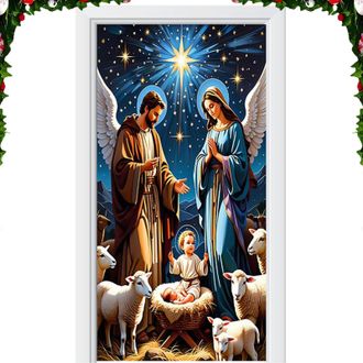 Generic Garagentorabdeckung für Partys | Krippenszene aus religiösem Stoff | Urlaubsartikel | Türumschlag - für Feiertage, Geburtstage, Büros, Haus, Schlafzim