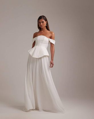 Asos Robe de mari&eacute;e longue avec corsage structur&eacute; en dentelle et jupe en mousseline - Ivoire-Blanc