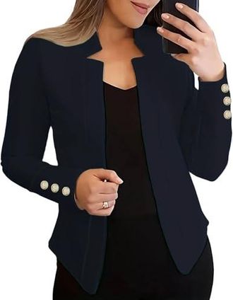 Generic Veste Blazer Courte d&eacute;contract&eacute;e pour Femme, Tendance, &agrave; Boutons dor&eacute;s, Manches Longues, Ouverte sur Le Devant, Style Cardigan, Veste de Tailleur Busi