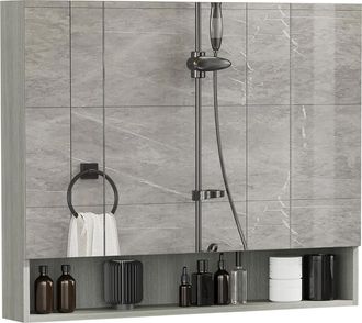 Kleankin Spiegelschrank mit 4 Abschnitten mit verstellbaren Einlegeböden, Badezimmerspiegel aus Holz und Glas, 90 x 15 x 75 cm, Grau