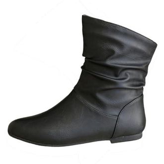 Generic Bottines molles en cuir pour femme, talon bas, d&eacute;contract&eacute;, confortable, mi-mollet, bottes courtes tendance &agrave; bout rond fronc&eacute; avec fermeture &eacute;clair l