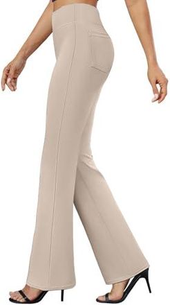 Generic Pantalon habillé bootcut pour femme - Legging taille haute extensible décontracté avec poches - Pantalon de bureau, beige, L
