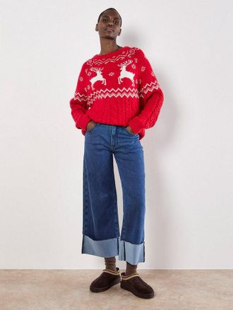 Apricot Strickpullover Zopfpullover mit Rentier Muster