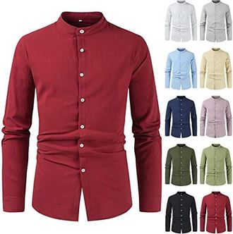 Generic Chemise de plage en coton et lin pour homme, chemise boutonn&eacute;e &agrave; manches longues confortable &agrave; manches longues coupe ajust&eacute;e avec col &agrave; bande d&eacute;contra
