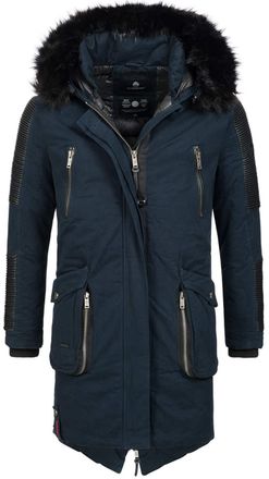 Marikoo Herren Winter Jacke Winterjacke Parka warm lang Kunstfell Biker B644 [B644-Warrior-Navy-Gr.S]