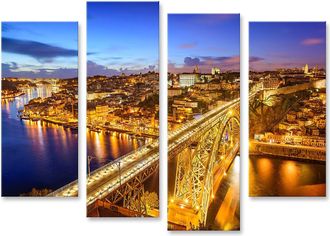 Islandburner Bild auf Leinwand Beleuchtete Brücke in abendlicher Stadtansicht Bilder Wandbilder 130x80cm