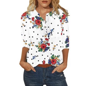 Generic 3/4 Arm Shirt Damen Bluse Elegant V Ausschnitt Knopfleiste mit Blumen Drucken Große Größen Blusenshirt Langarmshirt Lockere Lässiges Blusen & Tuniken 