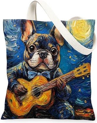 Generic Sac fourre-tout r&eacute;utilisable en toile pour le shopping, motif bouledogue fran&ccedil;ais, 33 x 38 cm, motif guitare &eacute;toil&eacute;e, sac d&eacute;picerie r&eacute;utilisable pour 