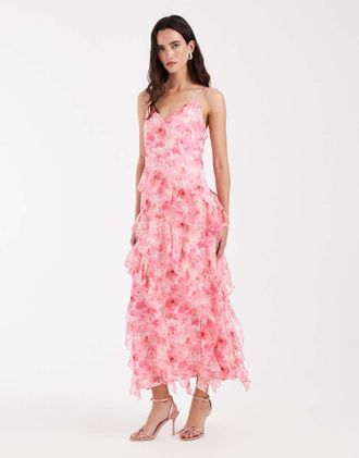Vero Moda Smilla - Camisole-Midikleid aus Chiffon mit R&uuml;schendetail und h&uuml;bschem Blumenmuster in Hellrosa