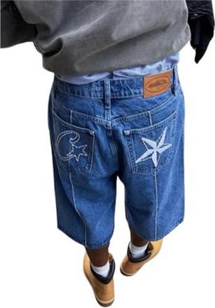 ORANDESIGNE Shorts en Jean Hip Hop pour Homme Bermuda Baggy Denim Shorts Imprimé Vintage Pantalon de Danse de Rue Pantalon de Skateboard Short Punk Z4 Bleu XXL