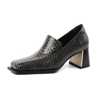 EDEFS Escarpins Mocassins Femme &agrave; Talon Bloc 6,5 cm Chaussures Slip on &agrave; Bout Carr&eacute; pour Bureau et Travail Noir Serpent EU35
