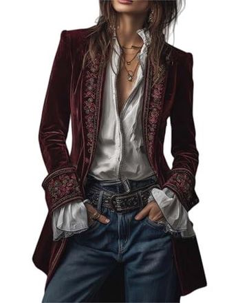 Generic Vintage Marine Polyester Velours Brodé Longue Veste, Velours Blazer Femmes Vintage Pirate Veste Halloween Steampunk Manteau, rouge foncé, 3XL